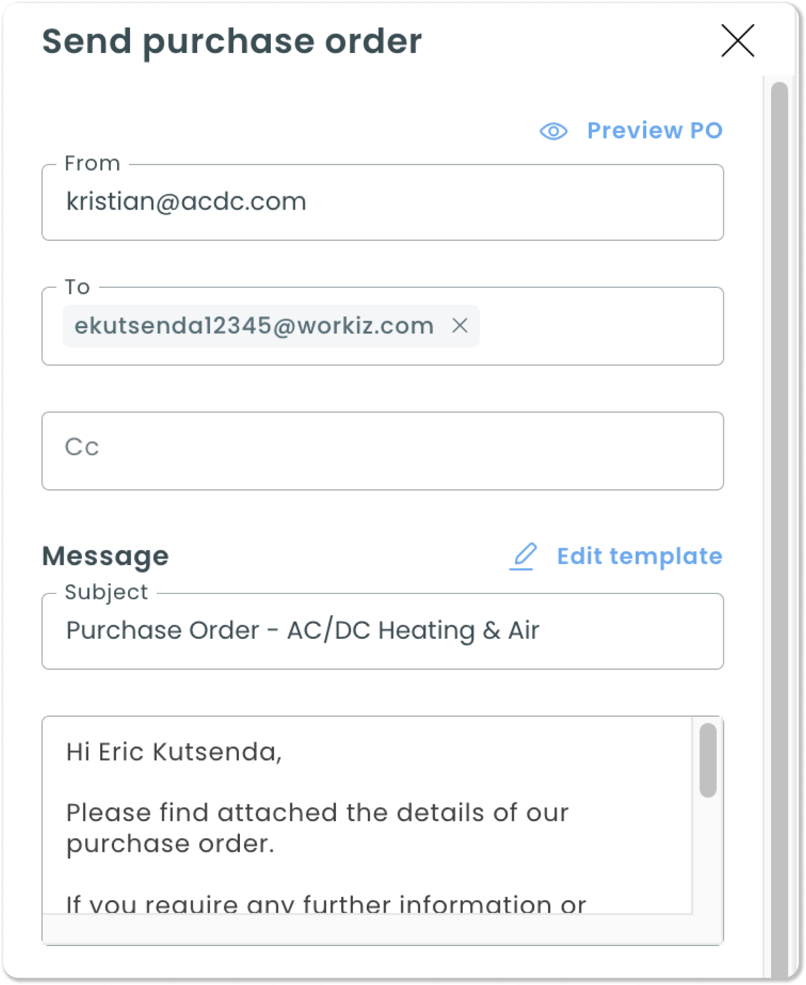 Creating and sending purchase orders – Workiz